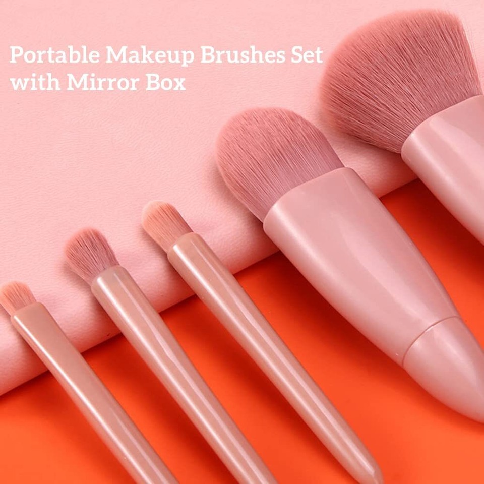 5Pcs Portable Makeup Brushes Kit with Mirror Box Mini Cosmetic Travel ...
