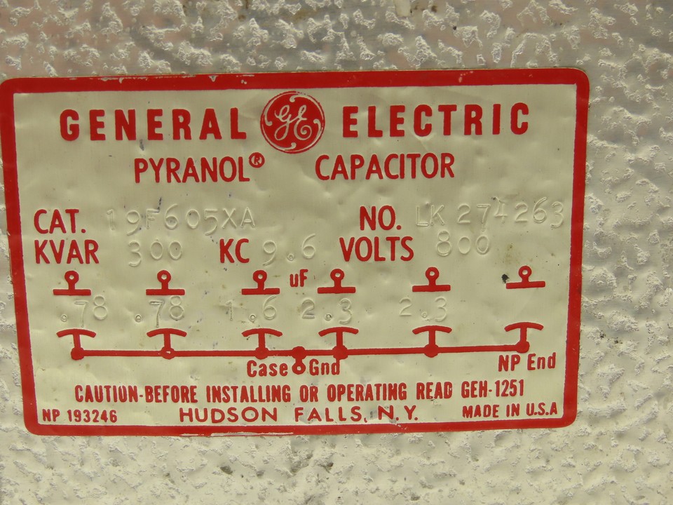 GE General Electric 19F605XA Pyranol Oil Filled Capacitor 300 Kvar 800V ...