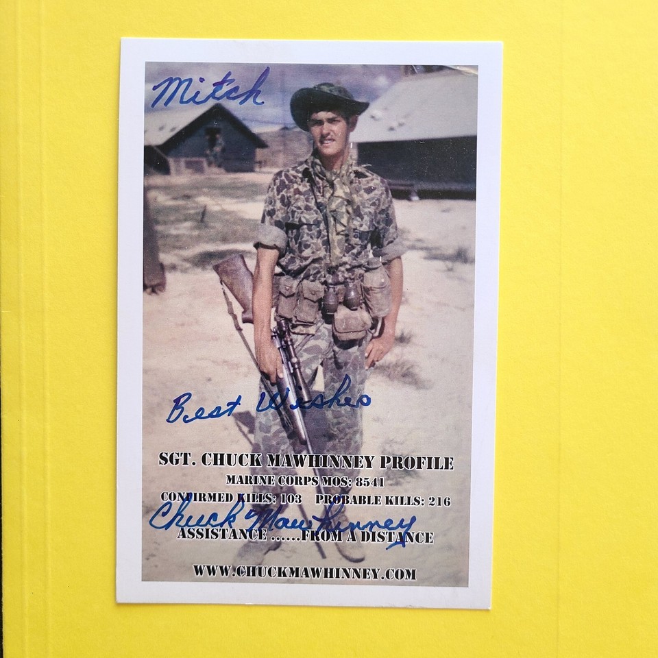 Charles Mawhinney Vietnam USMC Sniper 103 Kills Signed 4x6 photo Mitch ...