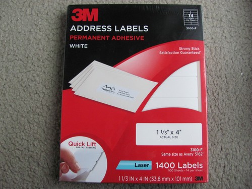 New 3M Address Label Permanent Adhesive White 3100-F (1 1/3” x 4”) 1400 ...