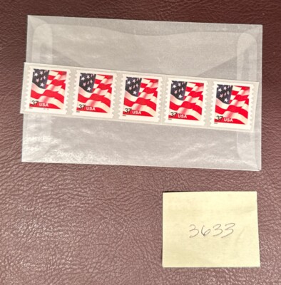 US Scott 3633, Flag, Die Cut 8.5, 2002 Date, Strip of 5 with plate ...