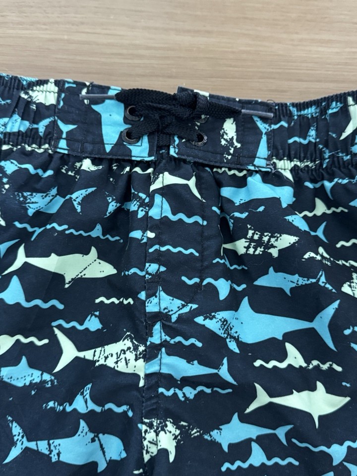 SPEEDO Boys Swim Trunks M 7-8 Black W/Blue Shark Pattern Elastic Waist ...