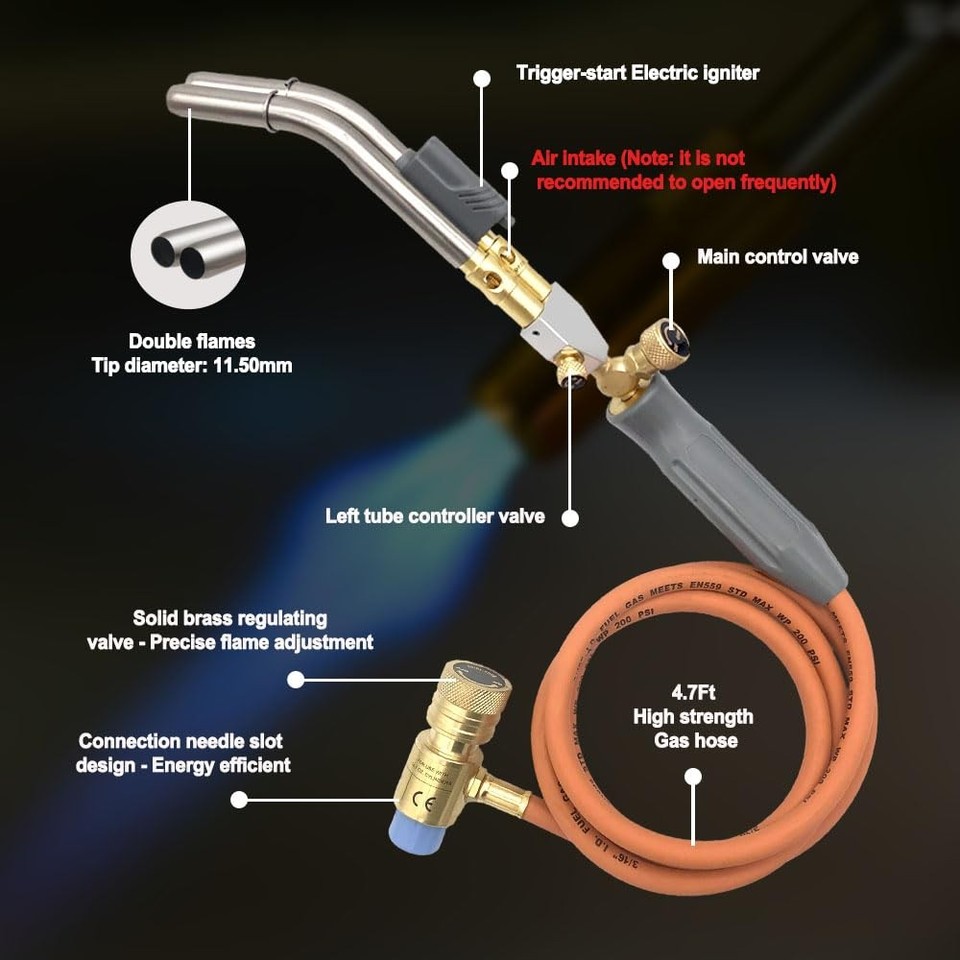 Double Heads Mapp Gas Torch Turbo with 5ft long Hose WT-10, Map Torch ...