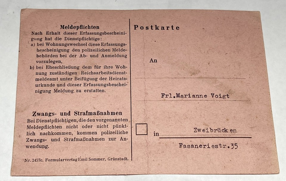 1944 German Labor Service RAD Draft Card Notice for Appointment - To ...