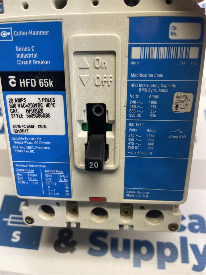HFD3020 Cutler Hammer Circuit Breaker 3 Pole 20 Amp 600V New Surpls 1yr ...