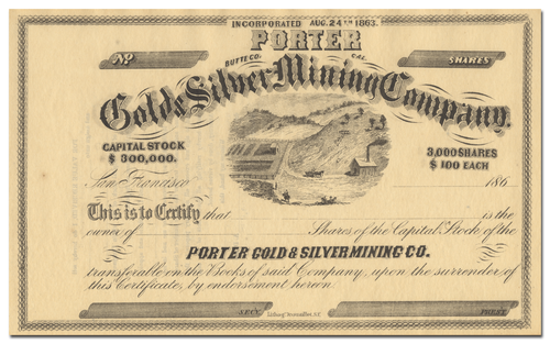 Porter Gold & Silver Mining Company Stock Certificate - California ...
