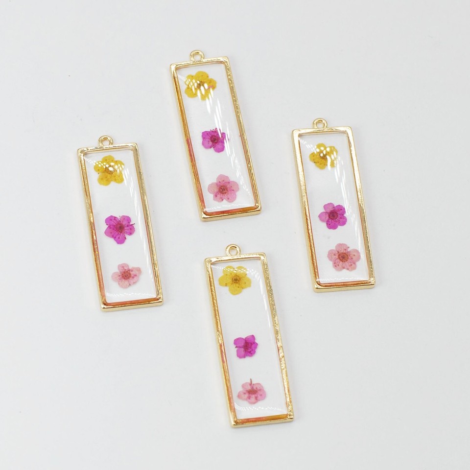 Clearance 8PCS Gold Tone Real Dry Flower Resin Rectangle Charm Pendant ...