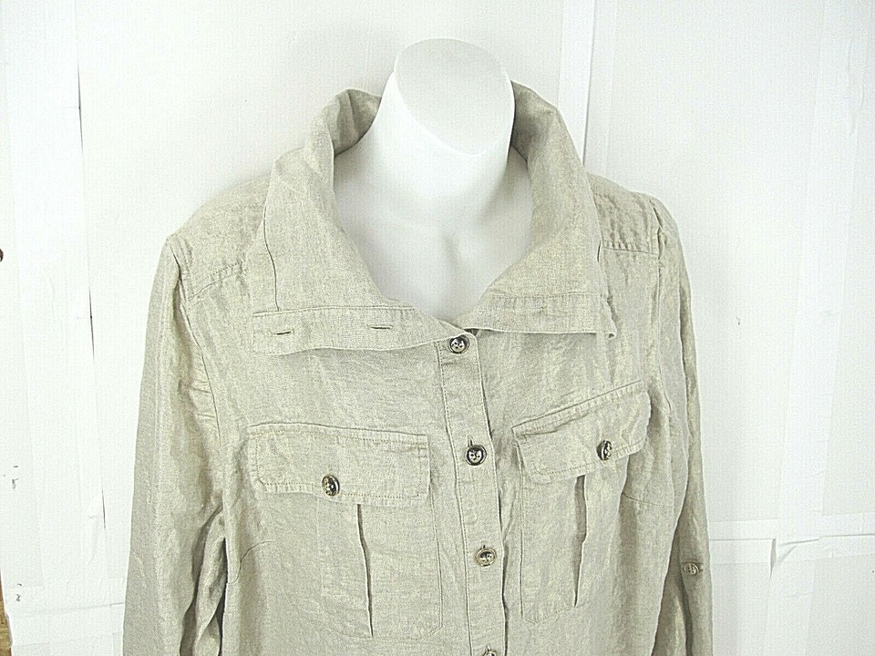 Chicos 2 [ 42in Bust 24L] Top Beige Button Front 100% Linen Roll Tab ...