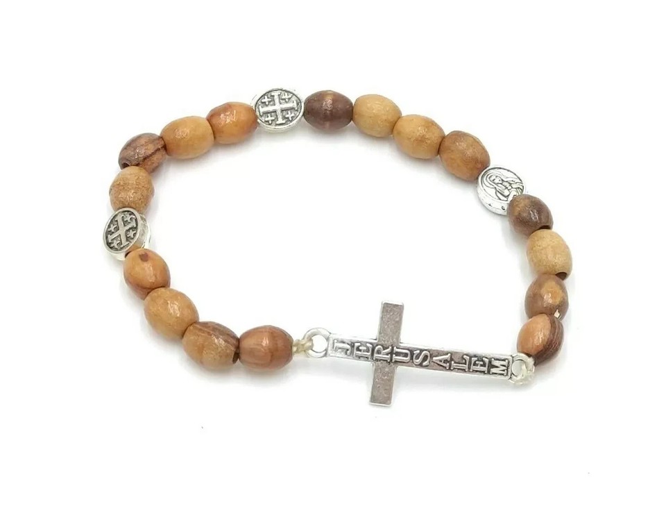 Handmade Jerusalem Cross Rosary Bracelet Holy Land Olive Wood Beads ...