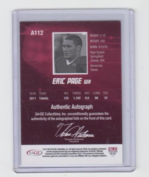 2012 SAGE HIT AUTOGRAPHS GOLD ERIC PAGE RC AUTO TOLEDO ROCKETS #A112 | eBay