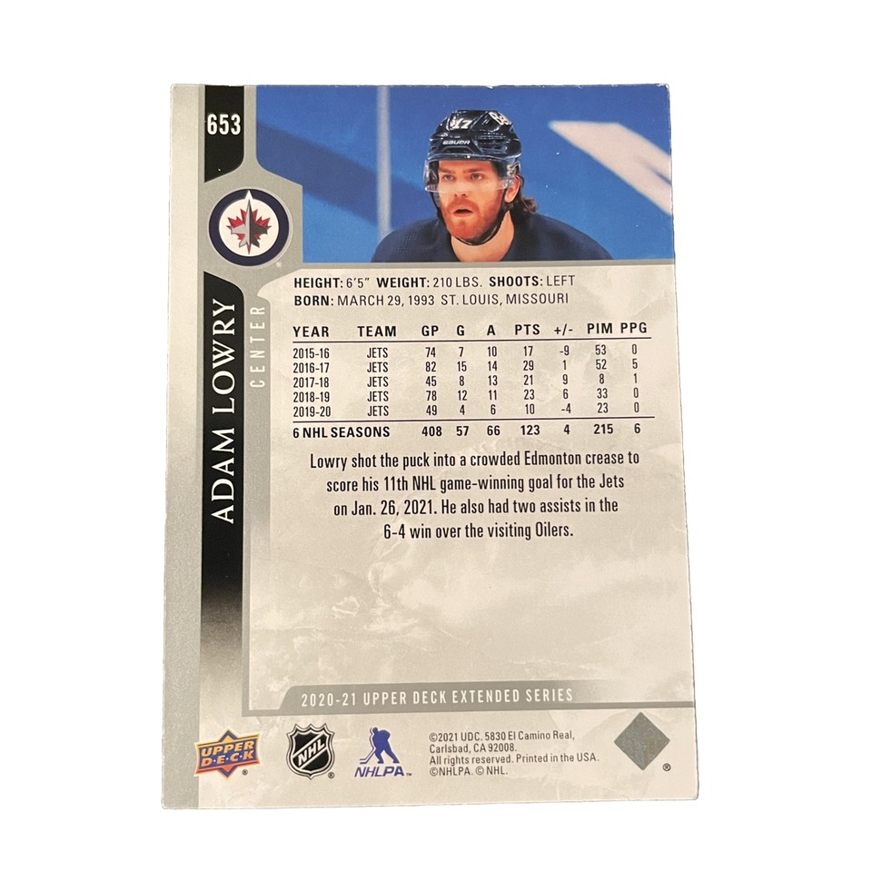 2020-21 UPPER DECK HOCKEY CARD ADAM LOWRY #653 WINNIPEG JETS Signed ...