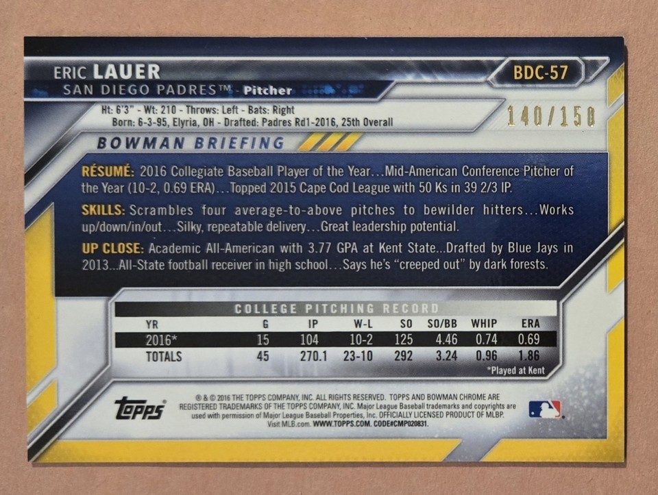 Eric Lauer 2016 Bowman Chrome Blue Refractor 140/150 1st Prospect Card ...