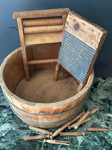 Antique Miniature Doll Wood Wash Tub Clothes Ringer Wash Board ...