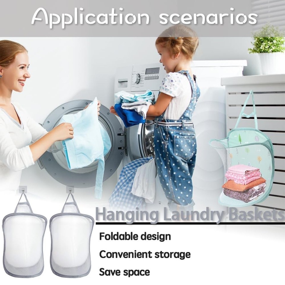 2 PCS Collapsible Laundry Basket Hanging Hamper with Handle Mesh ...
