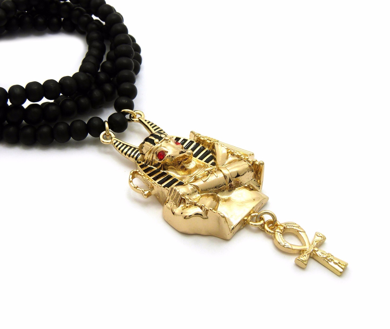 NEW ANUBIS & ANKH CROSS PENDANT & 27" STRETCH WOOD BEAD CHAIN HIP HOP ...