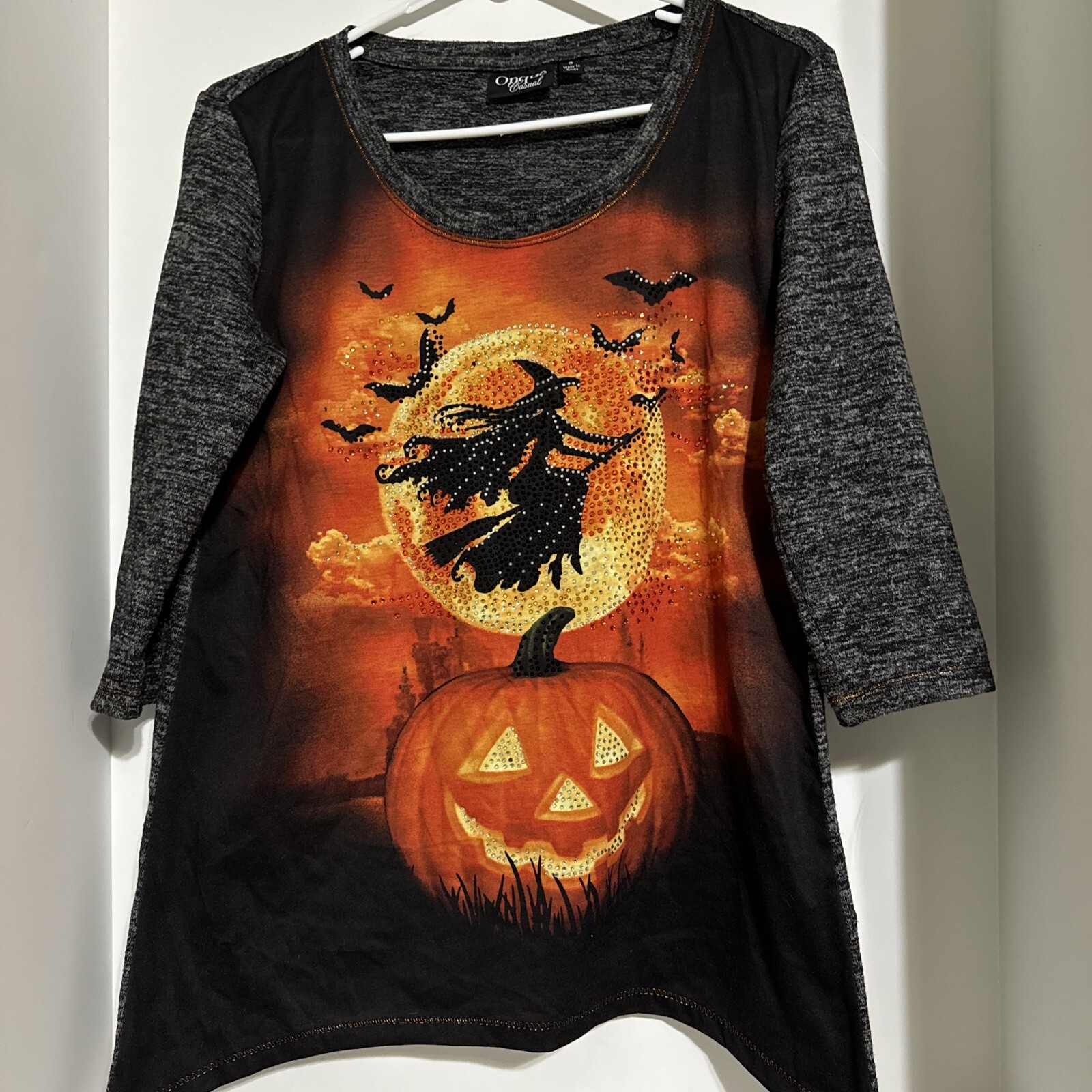 Onque Casuals S Halloween Top Tunic Witch Embellished Knit Gray/Orange ...