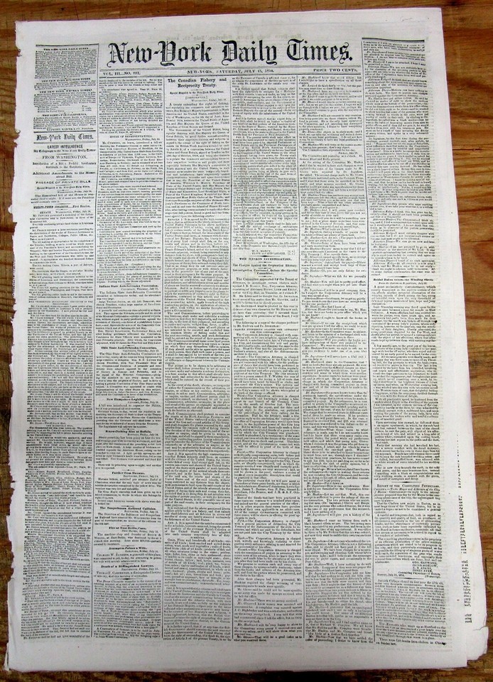 Original 1854 NEW YORK TIMES newspaper 170 years old &Published before ...