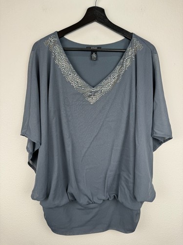 Alfani Top Womens Size 2X Blue Gray Short Dolman Sleeve Embellished ...