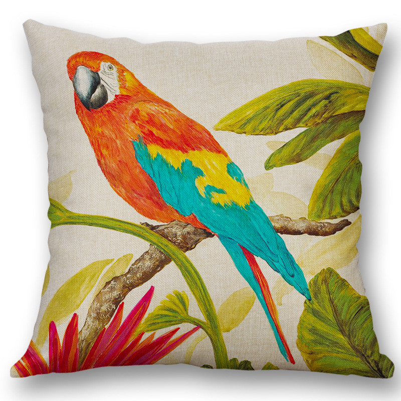 Parrot Bird Throw Ink Painting Sofa Decor Pillow Case Cotton Linen ...