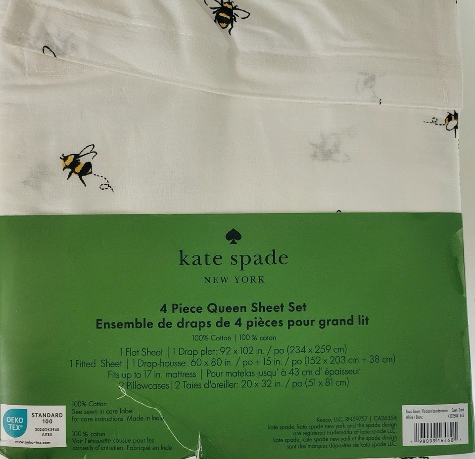 Kate Spade 4pc Queen Sheet Set Bee Bumblebees Summer Spring Fitted Flat ...