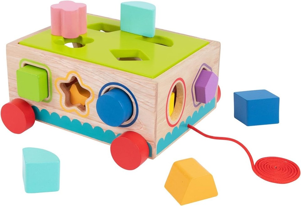 Tooky Toy Woode Shape Sorter Pull Along Cart with Wooden Blocks Toddler ...