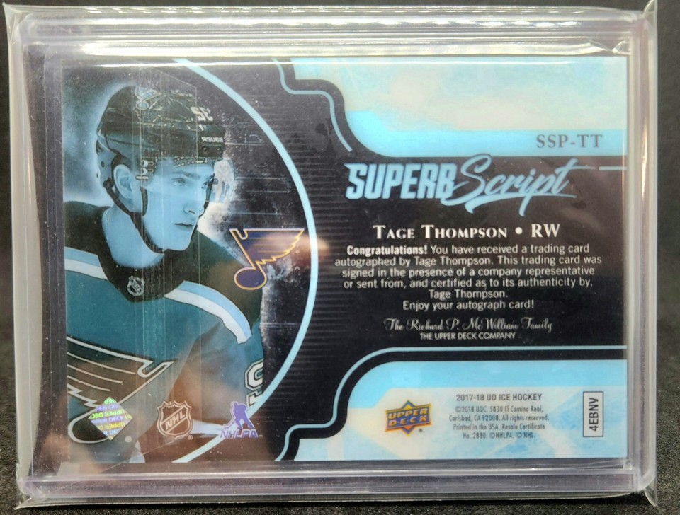 TAGE THOMPSON 2017-18 UD Ice Superb Script Portraits 8/15 AUTO Acetate ...