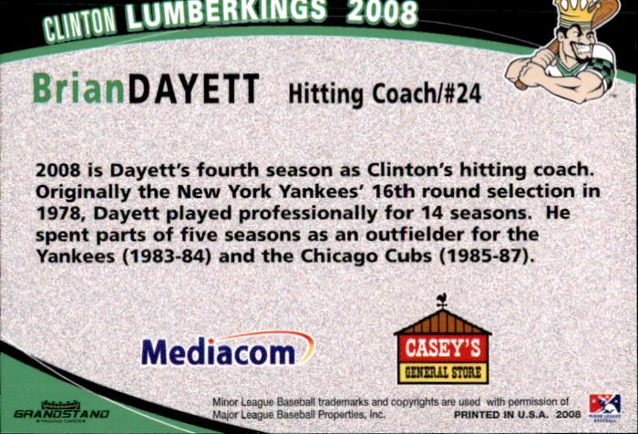 2008 Clinton Lumberkings Grandstand #6 Brian Dayett Hitting Coach ...