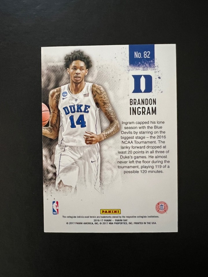 2016-17 Panini Day Brandon Ingram RC #82 Duke Pelicans Rookie #d 488/ ...