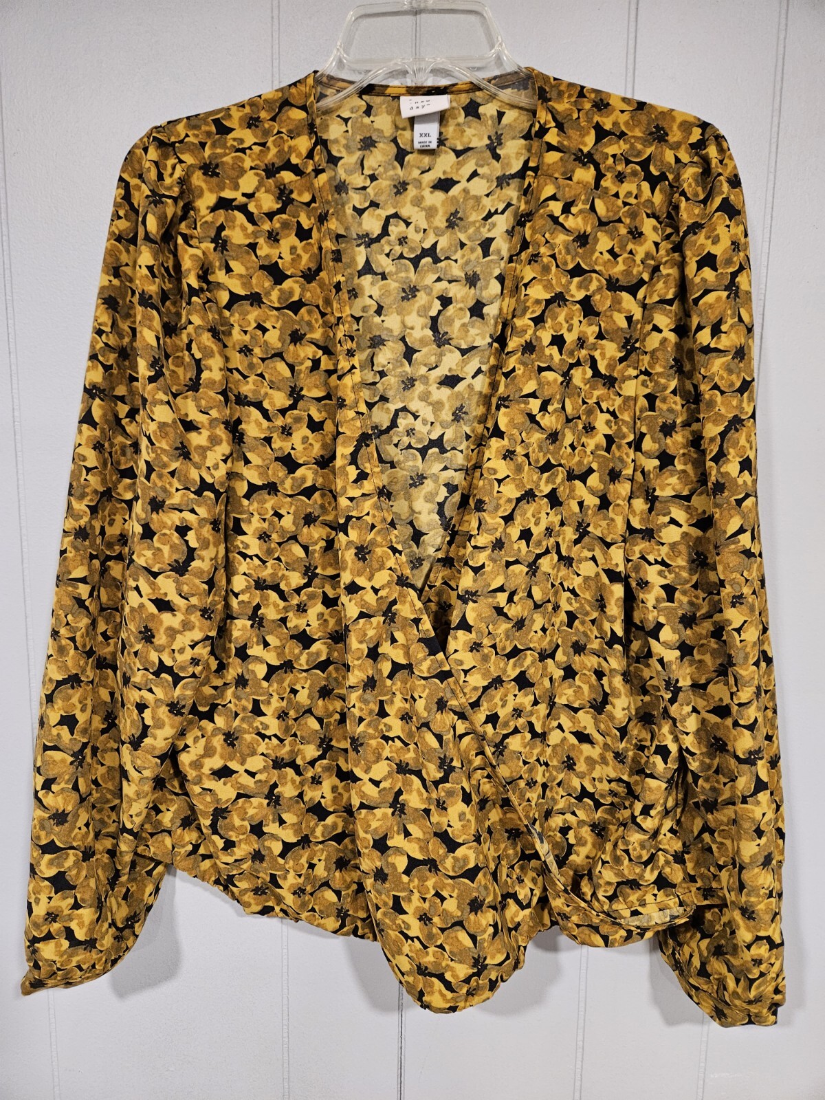 A New Day Shirt Womens XXL Yellow Flower V Neck Long Sleeve Wrap Shirt ...