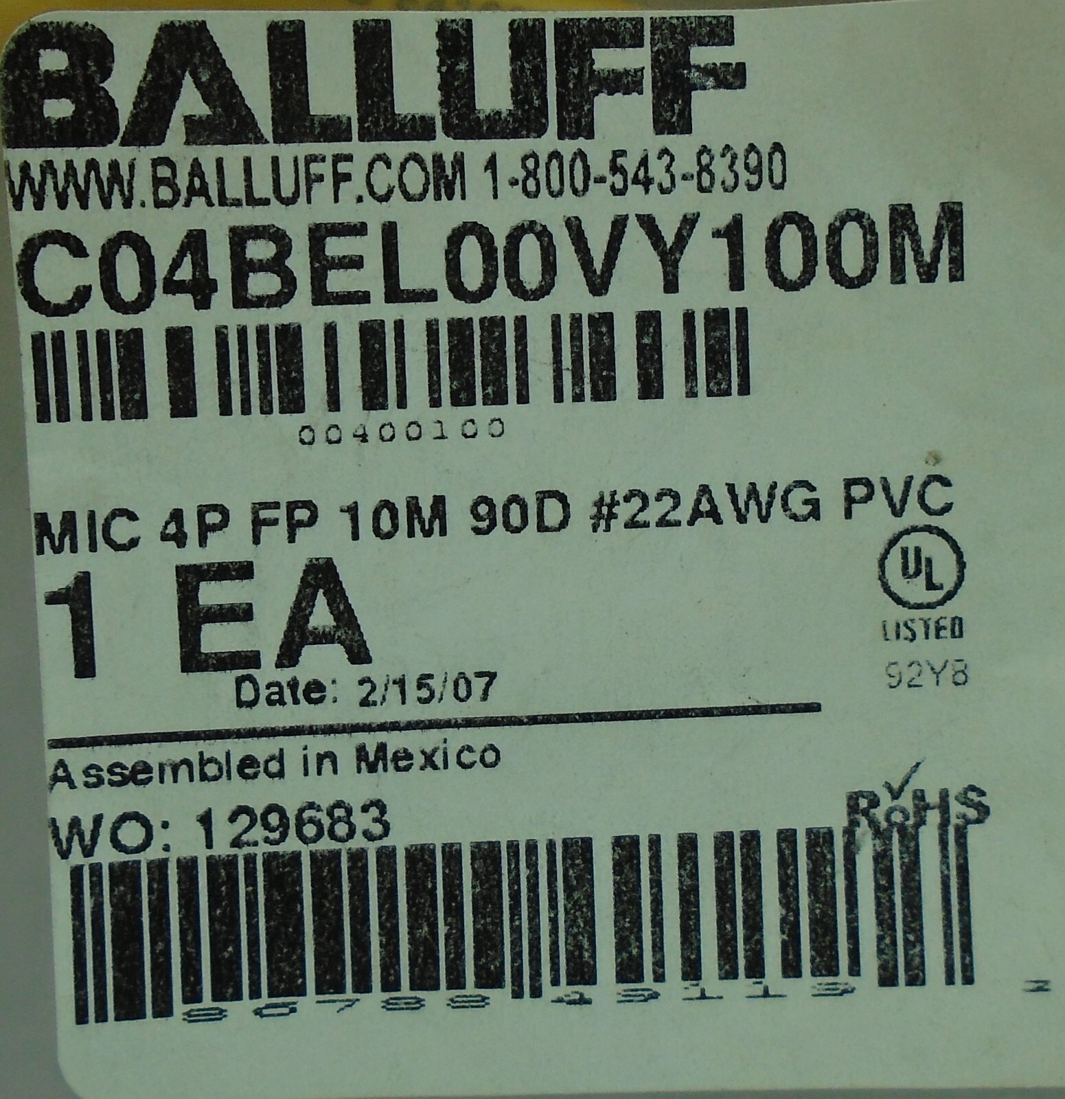 in Factory Package Balluff C04BEL00VY100M CORDSET Angle Connection ...