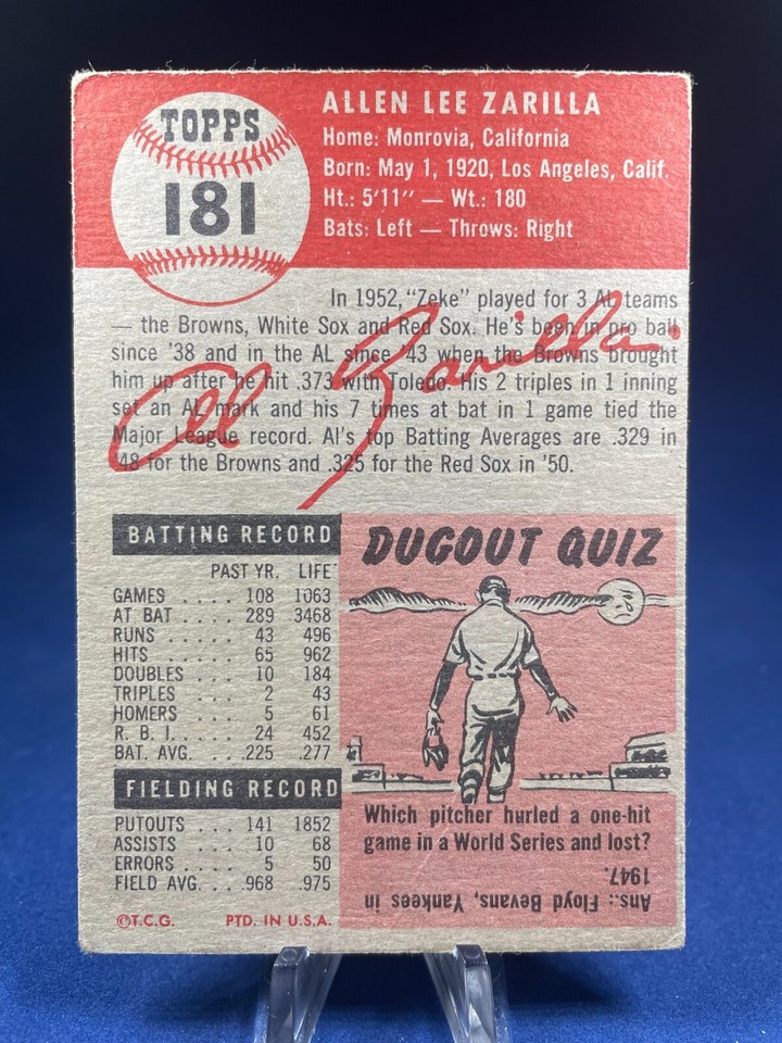 1953 Topps Baseball Card Al Zarilla #181 Boston Red Sox | eBay