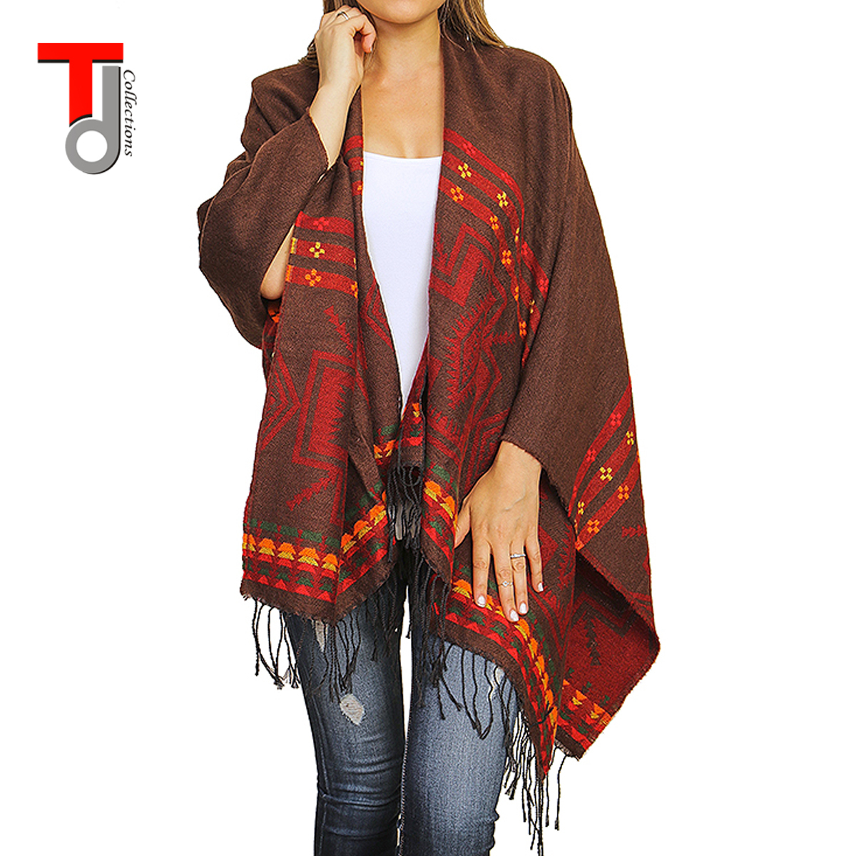 Winter Aztec Kimono New Print Fringed Colorful Oversize Poncho Blanket ...