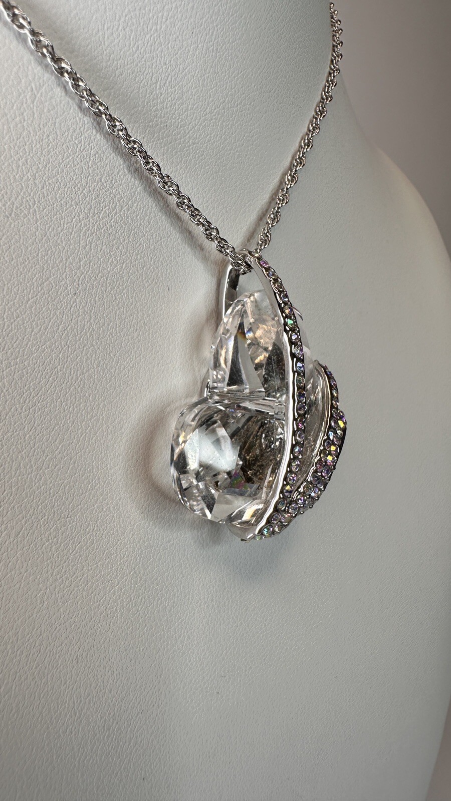 Rowena J Necklace Wrapped Heart Crystals Aurora Borealis Silver Tone ...