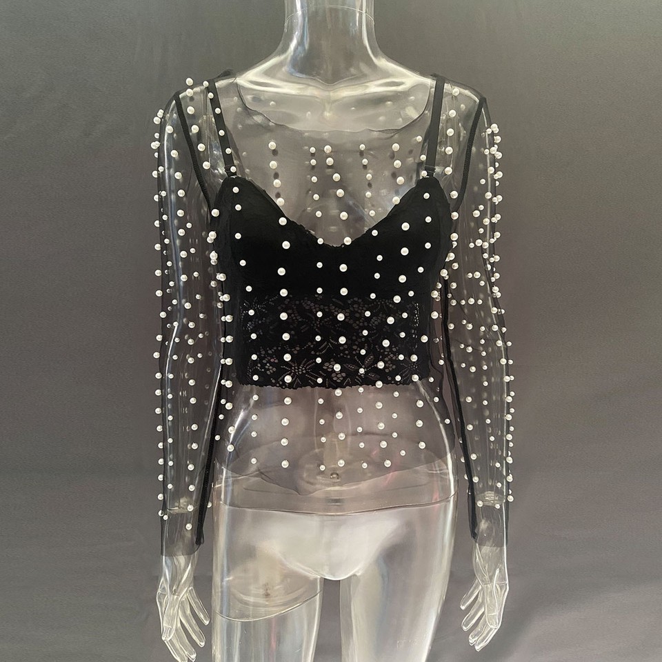Women Pearls See Through Sheer Mesh Top Long Sleeve Crew Neck Casual ...