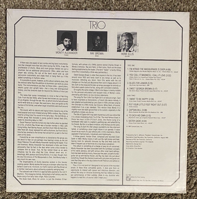 Sealed - MONTY ALEXANDER, RAY BROWN, HERB ELLIS - Trio - CONCORD JAZZ ...