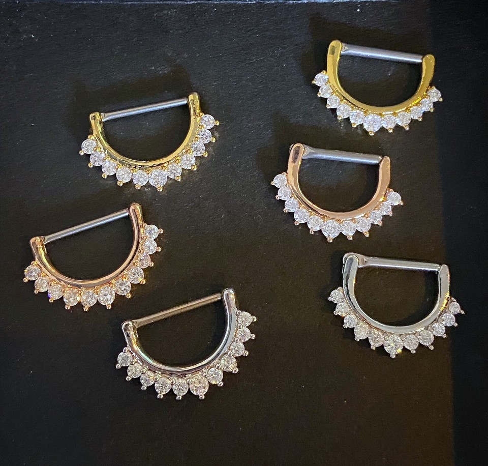 PAIR Lined CZ Gem Set Nipple Clicker Shields Rings Pierced Body ...