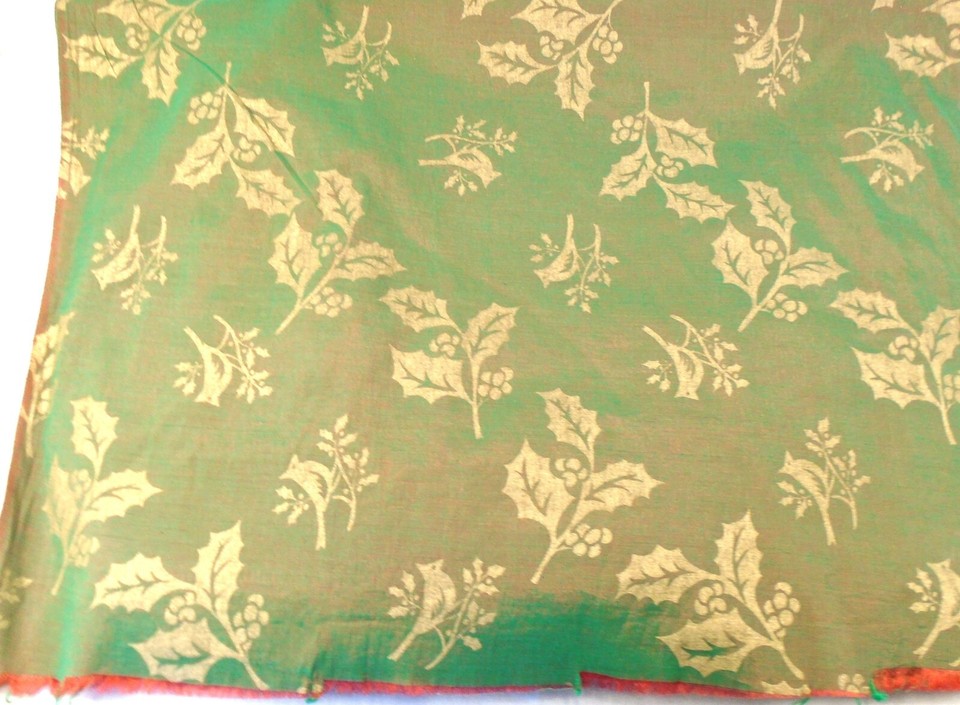 Christmas Holly Cardinal Birds Gold Green Faux Shot Silk Fabric 52 x ...