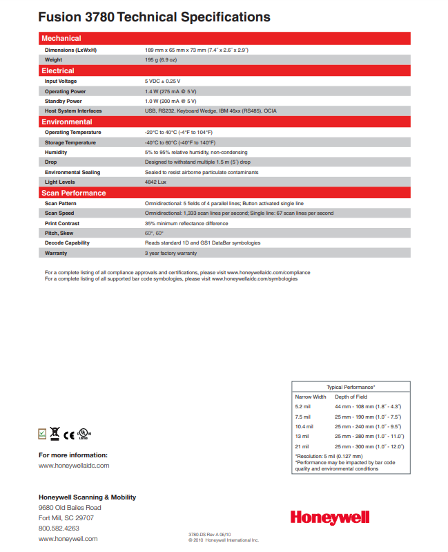 Honeywell MS3780 MK3780 Fusion Barcode Scanner / Reader for Ruby ...