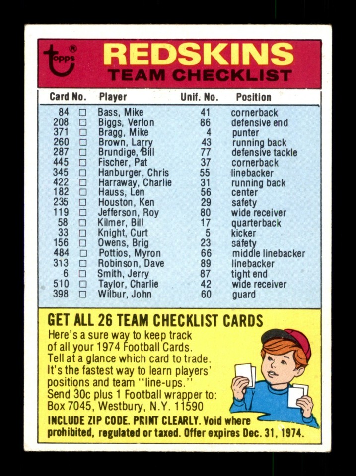 1974 TOPPS FOOTBALL TEAM CHECKLIST / SEE DROP DOWN MENU 4 CARD U WILL ...