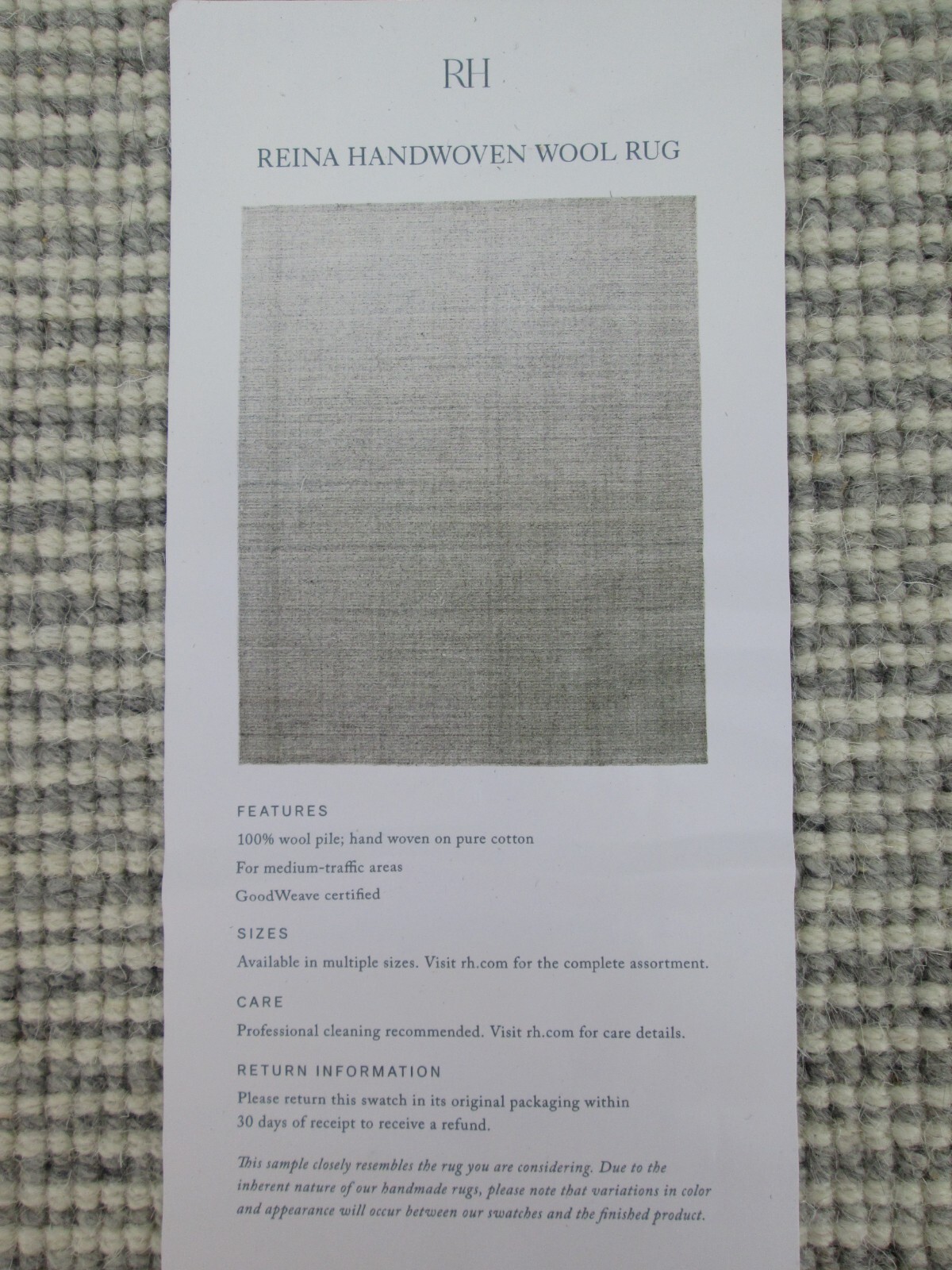 New NOS RH Reina Handwoven Wool Rug 12" x 18" Fog 10015160FOG | eBay ...