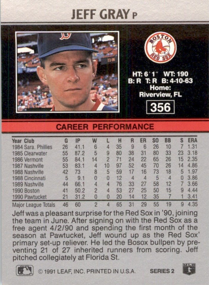 1991 Leaf Jeff Gray RC Boston Red Sox #356 | eBay