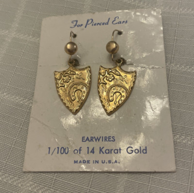 Vtg 14k Karat Gold Pierced Earrings Shield Shape with Horseshoe ...