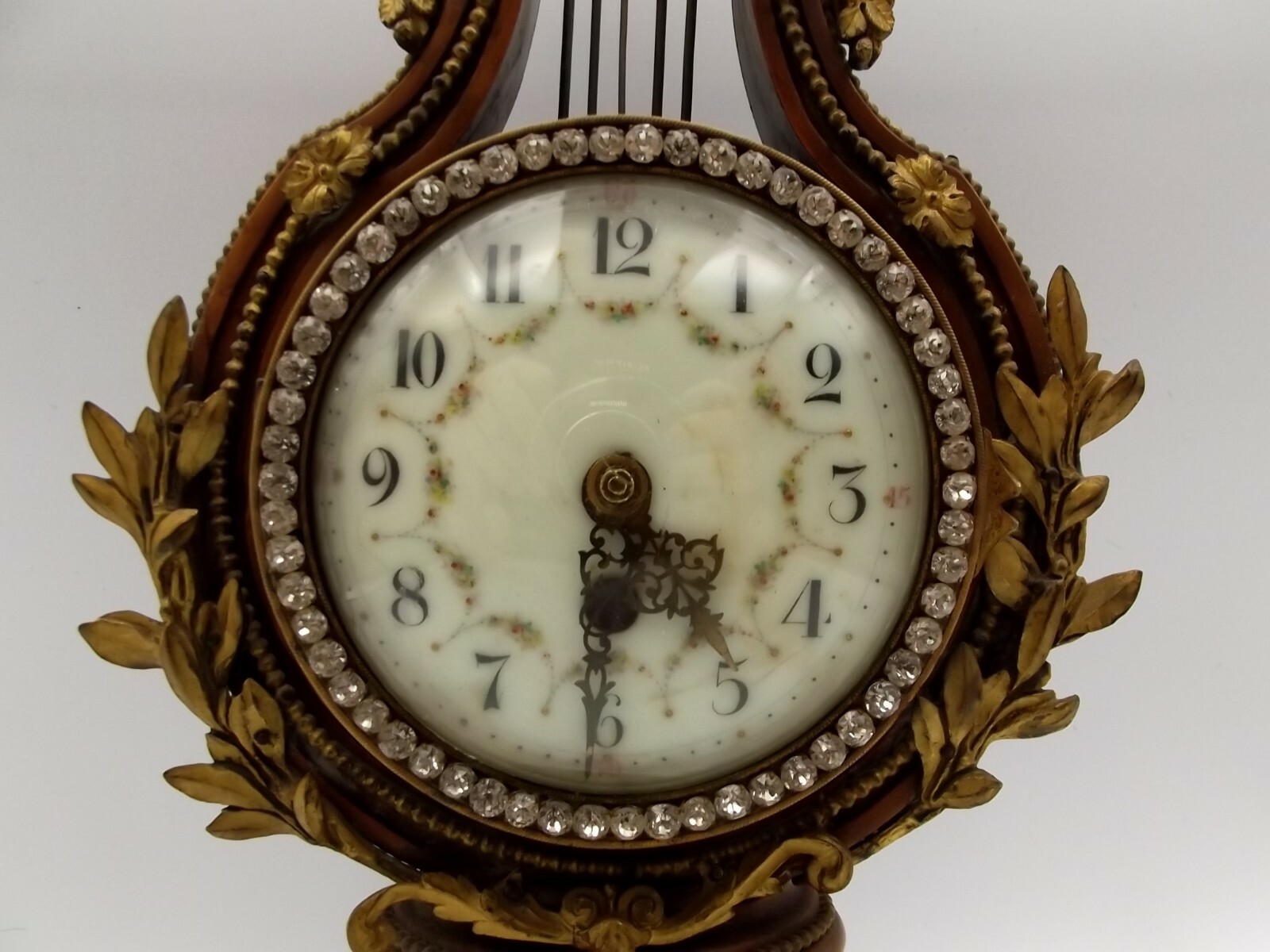 Antique French Ormolu Lyre Mantel Clock Wood Rhinestone Sun Face Walnut ...