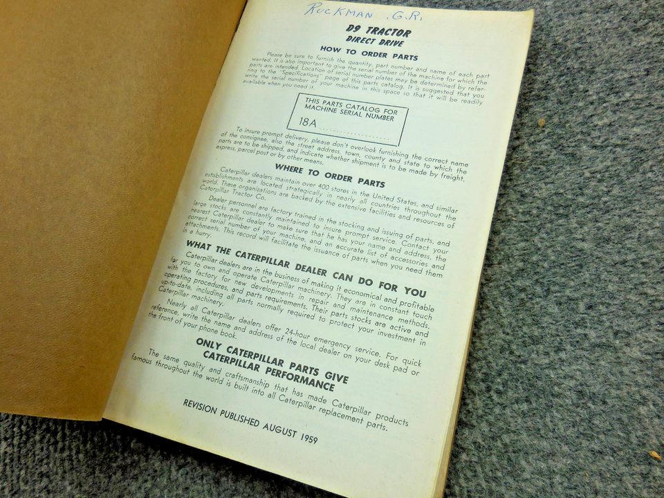 OEM Factory CAT Caterpillar Diesel D9 Dozer 18A Parts Catalog Book ...