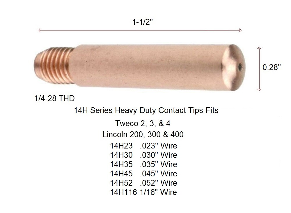14h52 MIG Welding Contact Tips .052" HD for Tweco & Lincoln 200-400 PK ...