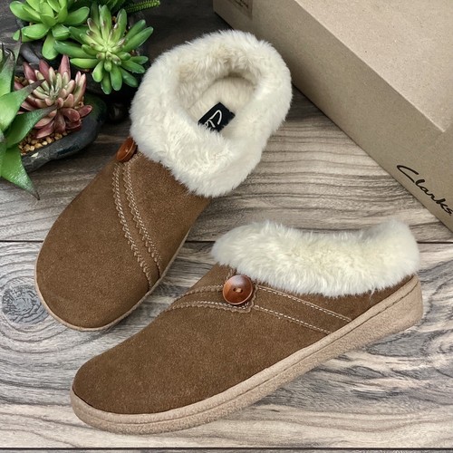 NIB Clarks Rebecca Faux Fur Button Indoor Outdoor Clog Slipper 7M Brown ...