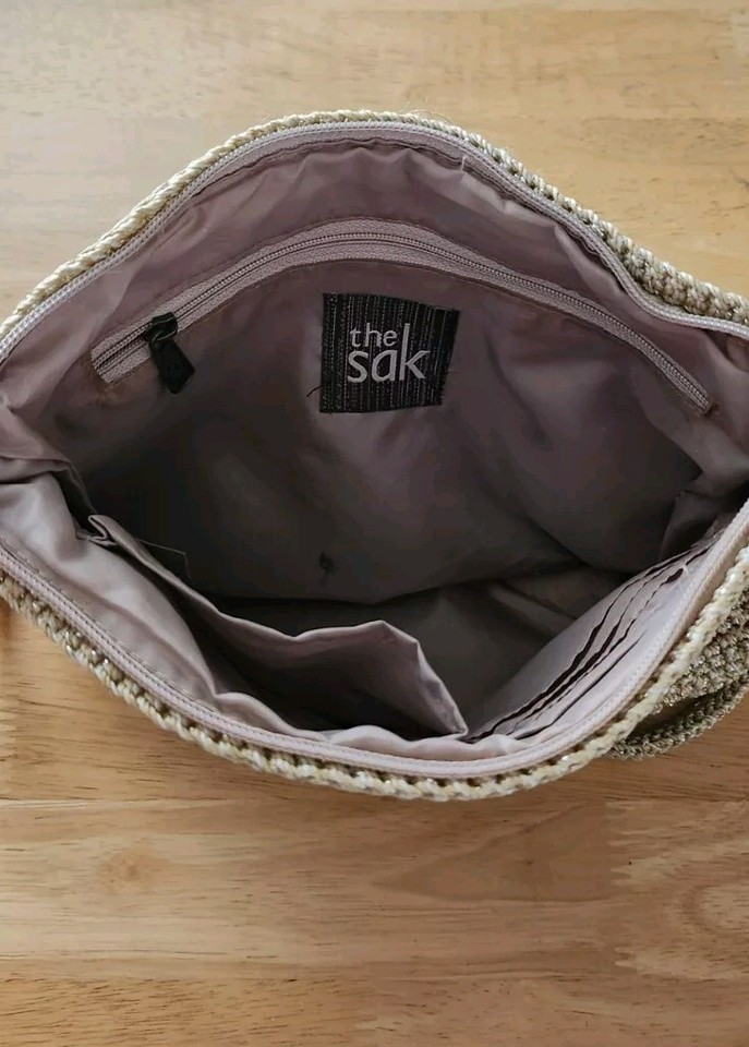 The Sak Small Tan Silver Thread Crochet Sequins Crossbody Purse | eBay