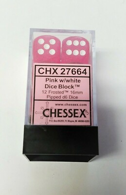 Chessex Dice Block 12 Frosted 16mm Pipped d6 Dice NEW Pink w/ White ...