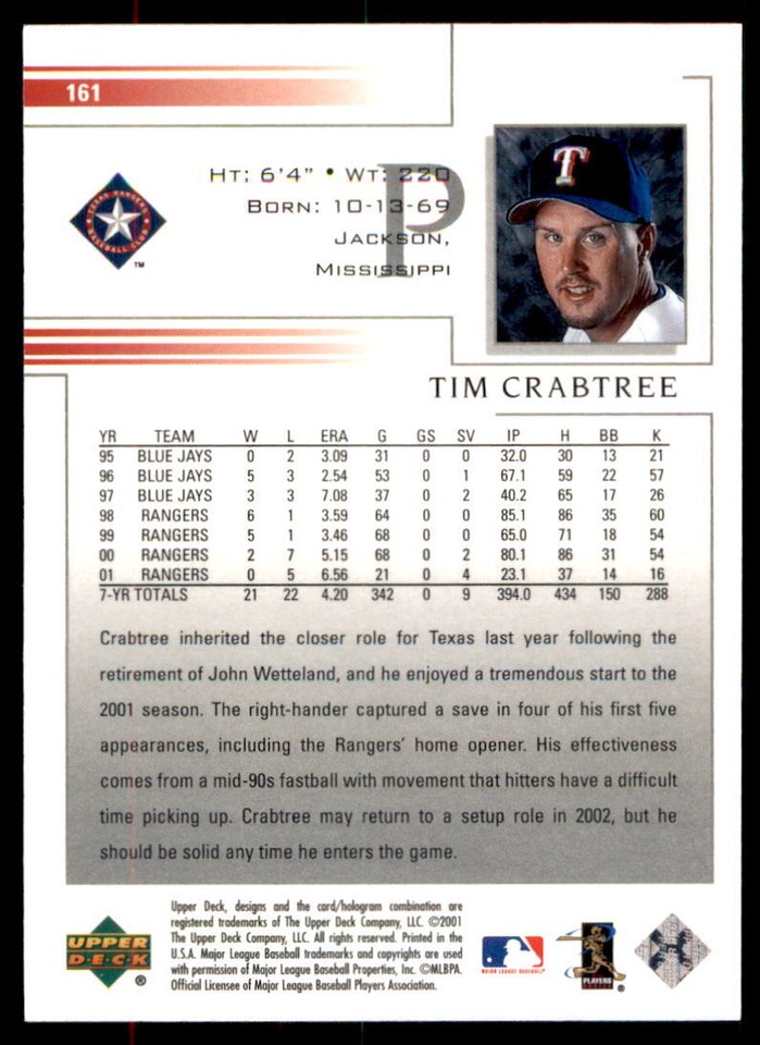 2002 Upper Deck Tim Crabtree #161 Texas Rangers | eBay