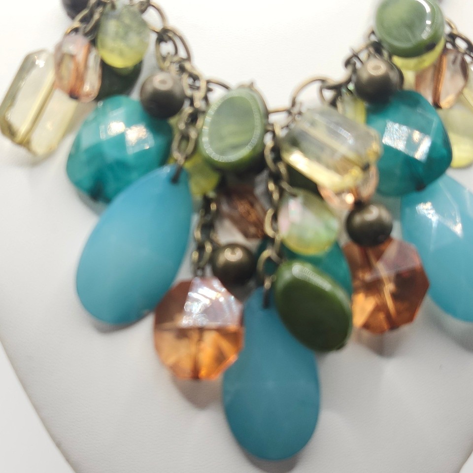 Antique Brass Multi Color Beaded Cluster Statement Necklace Blue Green ...